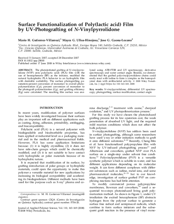 (PDF) Surface functionalization of poly(lactic acid) film by UV ...