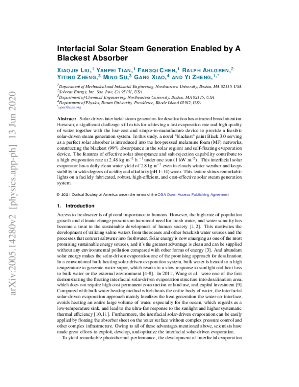 (PDF) Interfacial Solar Steam Generation Enabled by A Blackest Absorber