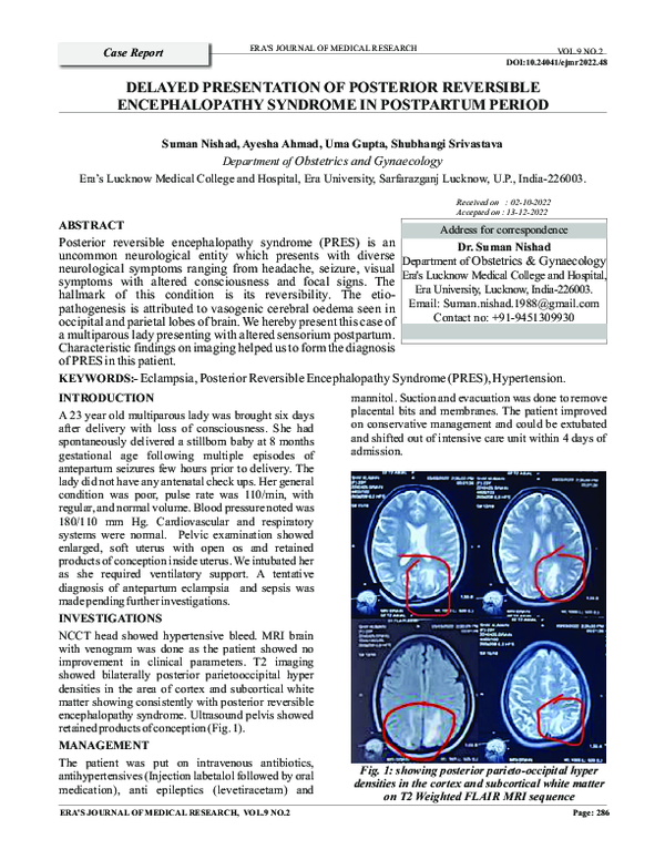 (PDF) Delayed Presentation of Posterior Reversible Encephalopathy ...