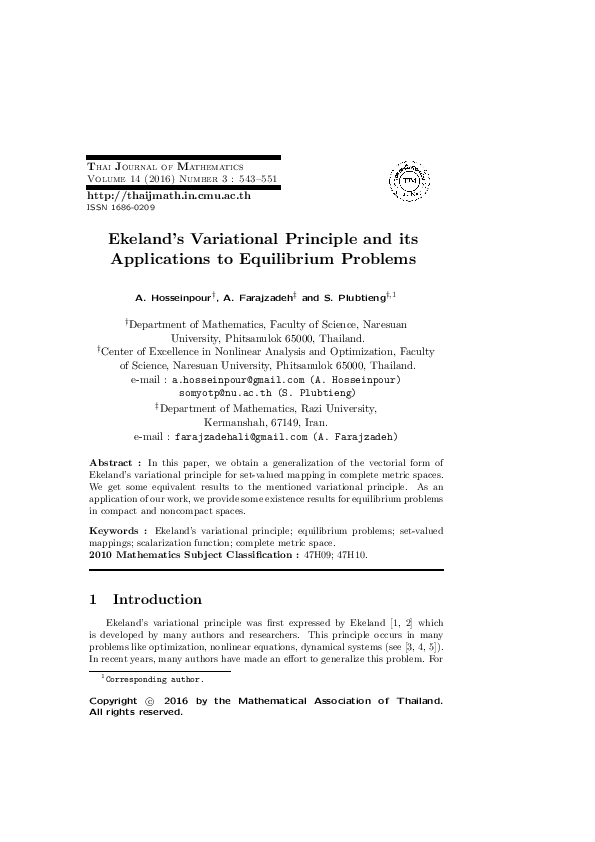 (PDF) Ekeland’s Variational Principle and its Applications to Equilibrium Problems