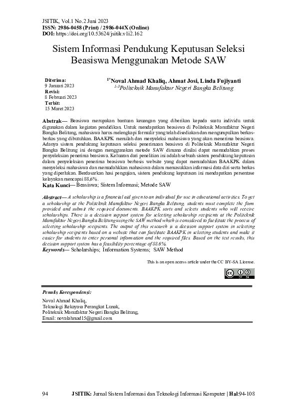 (PDF) Sistem Informasi Pendukung Keputusan Seleksi Beasiswa Menggunakan Metode SAW