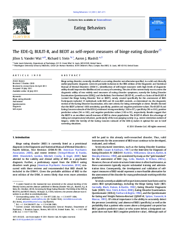 (PDF) The EDE-Q, BULIT-R, and BEDT as self-report measures of binge ...