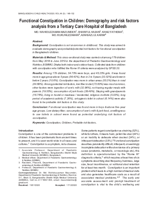 (PDF) Functional Constipation in Children: Demography and risk factors ...
