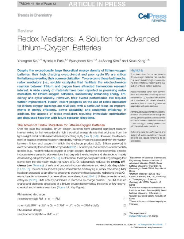 (PDF) Redox Mediators: A Solution for Advanced Lithium–Oxygen Batteries