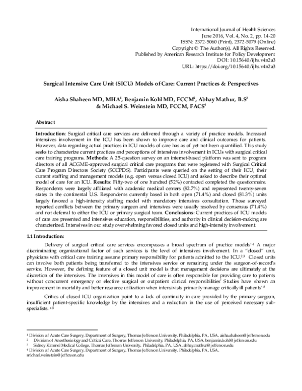 (PDF) Surgical Intensive Care Unit (SICU) Models of Care: Current ...