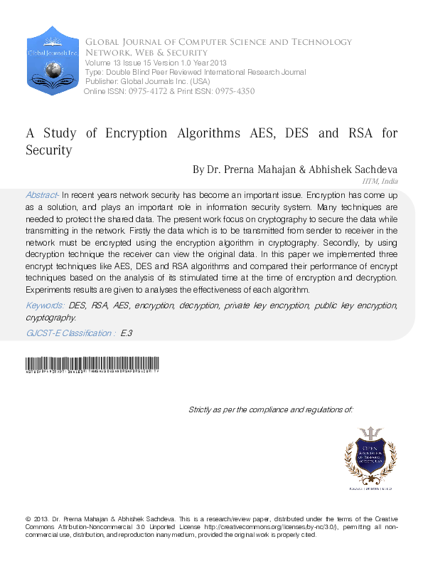 (PDF) A Study of Encryption Algorithms AES, DES and RSA for Security