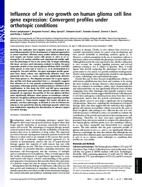 (PDF) Influence of in vivo growth on human glioma cell line gene ...