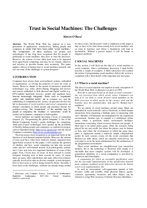 (PDF) Trust in social machines: The challenges