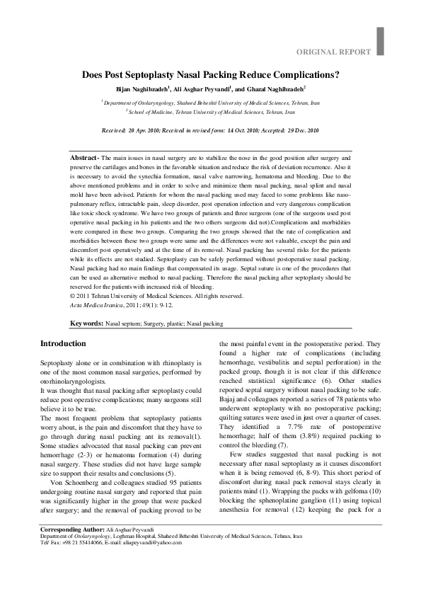 (PDF) ORIGINAL REPORT Does Post Septoplasty Nasal Packing Reduce ...