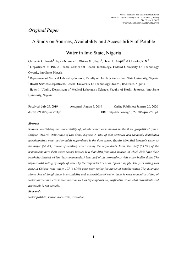 (PDF) A Study on Sources, Availability and Accessibility of Potable ...