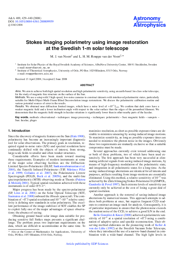 (PDF) Stokes imaging polarimetry using image restoration at the Swedish ...