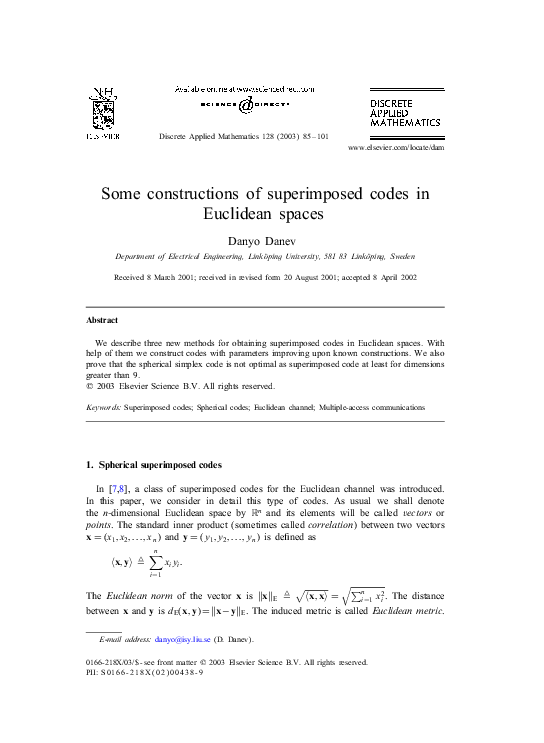 (PDF) Some constructions of superimposed codes in Euclidean spaces