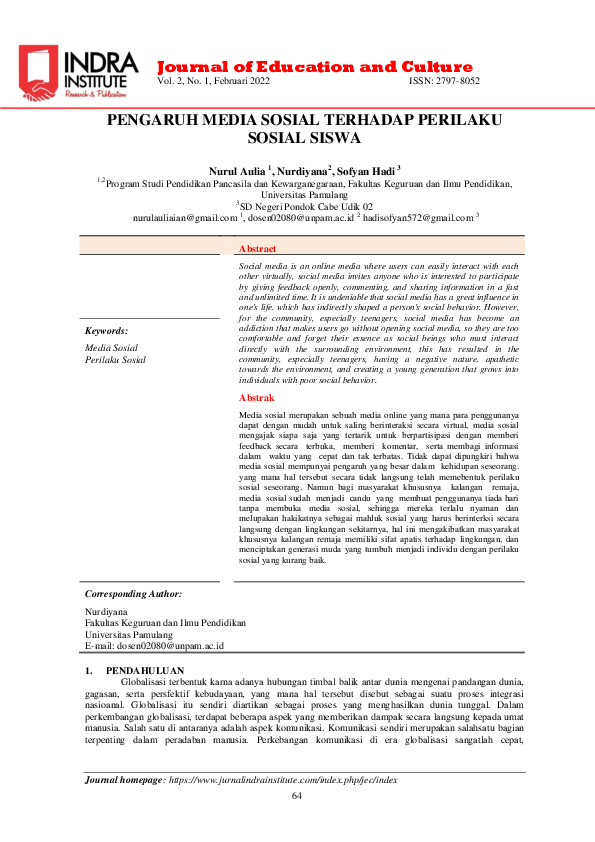 (PDF) Pengaruh Media Sosial Terhadap Perilaku Sosial Siswa