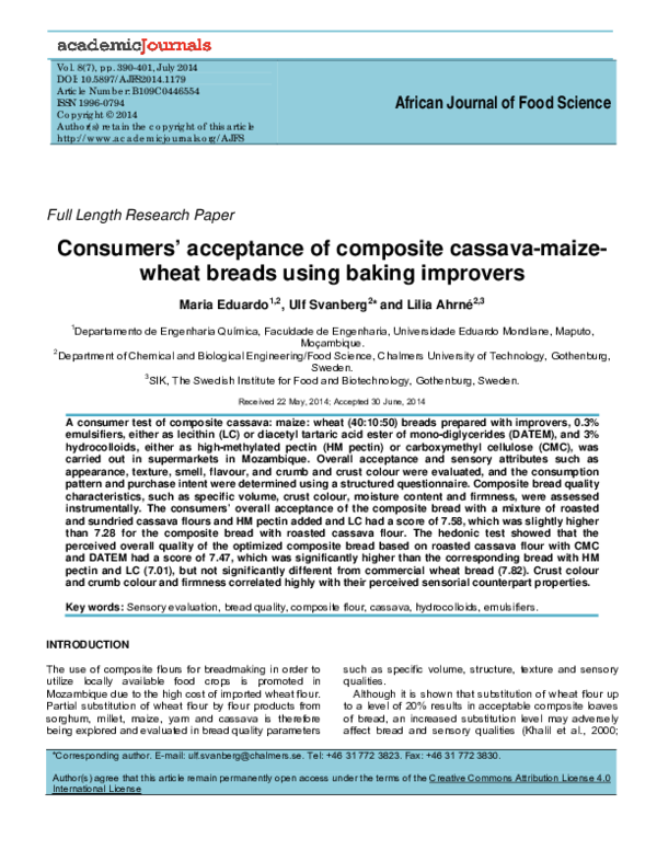 (PDF) Consumers acceptance of composite cassava-maize-wheat breads using baking improvers ...
