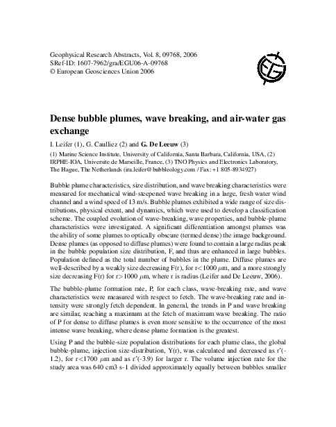 (PDF) Dense bubble plumes, wave breaking, and air-water gas exchange