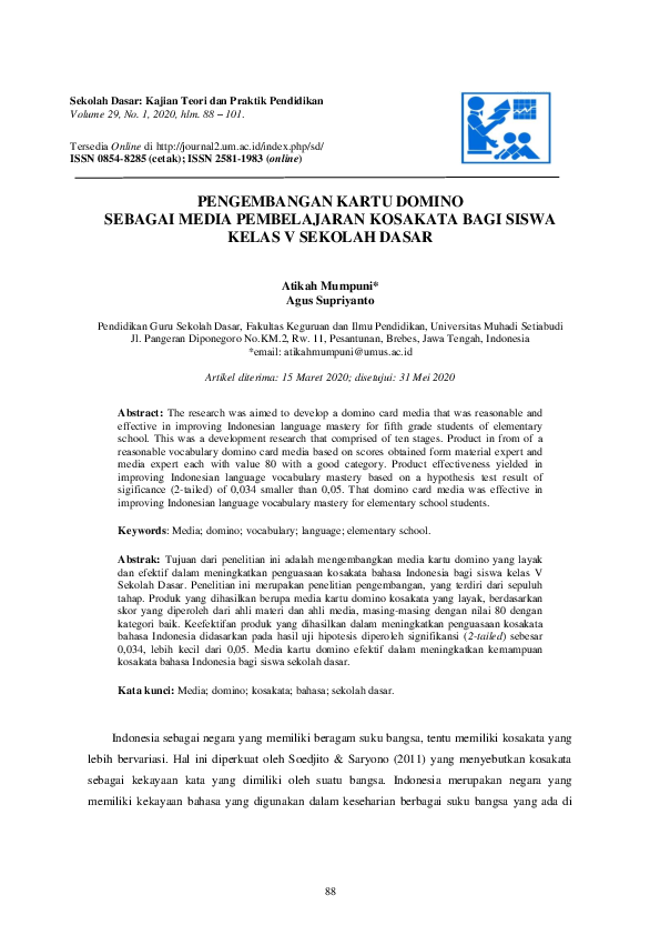 (PDF) Pengembangan Kartu Domino Sebagai Media Pembelajaran Kosakata bagi Siswa Kelas V Sekolah ...