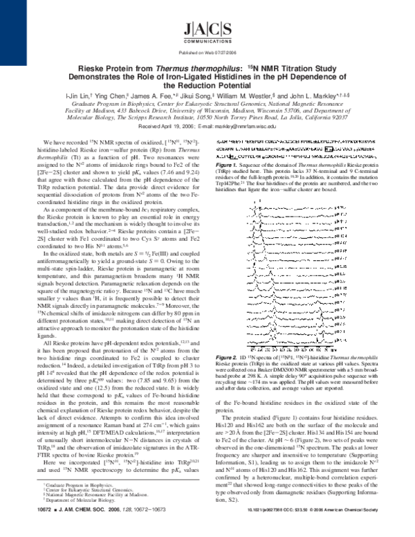 (PDF) Rieske Protein fromThermusthermophilus: 15N NMR Titration Study ...