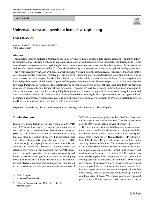 (PDF) Universal access: user needs for immersive captioning