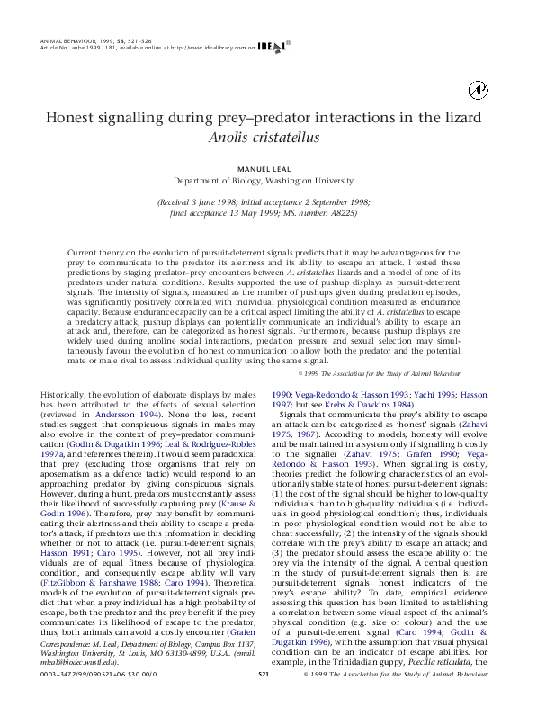 (PDF) Honest signalling during prey–predator interactions in the lizard ...