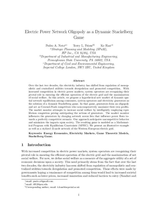(PDF) Electric Power Network Oligopoly as a Dynamic Stackelberg Game