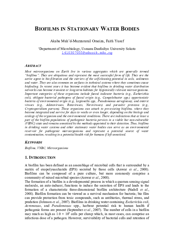 (DOC) BIOFILMS IN STATIONARY WATER BODIES