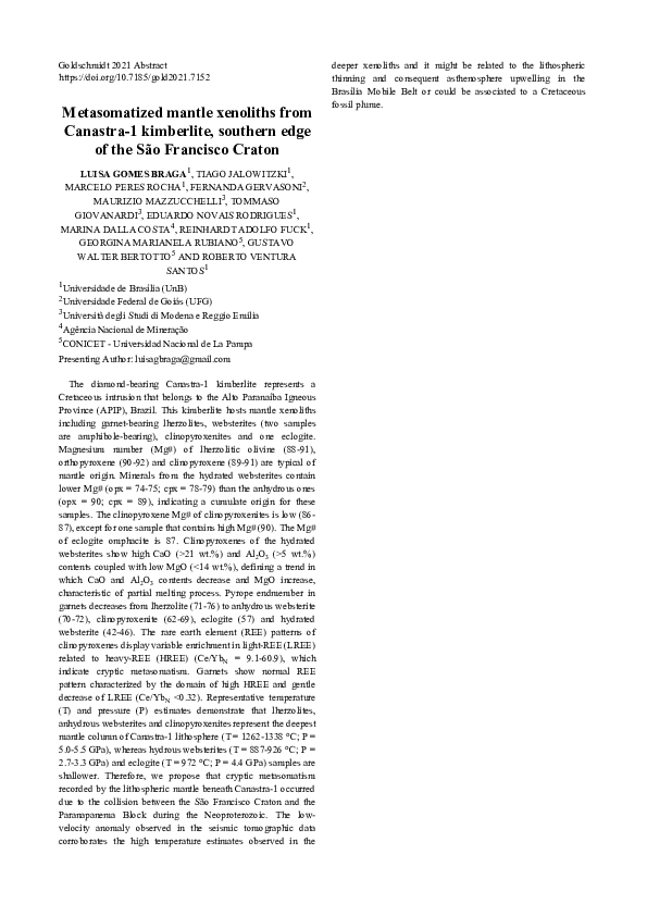 (PDF) Metasomatized mantle xenoliths from Canastra-1 kimberlite ...