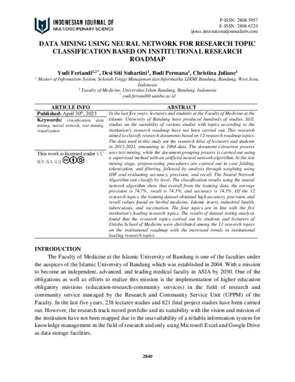 Pdf Data Mining Using Neural Network For Research Topic Classification Based On Institutional