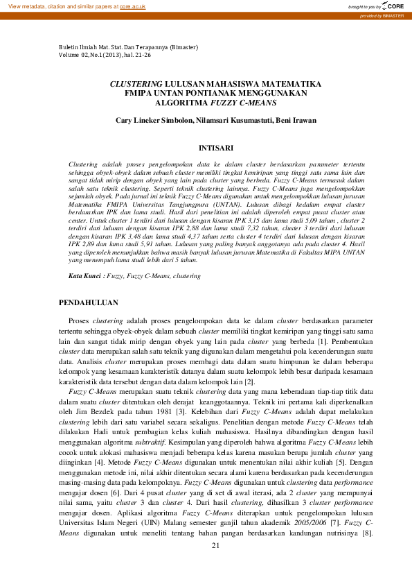 (PDF) Clustering Lulusan Mahasiswa Matematika Fmipa Untan Pontianak Menggunakan Algoritma Fuzzy ...