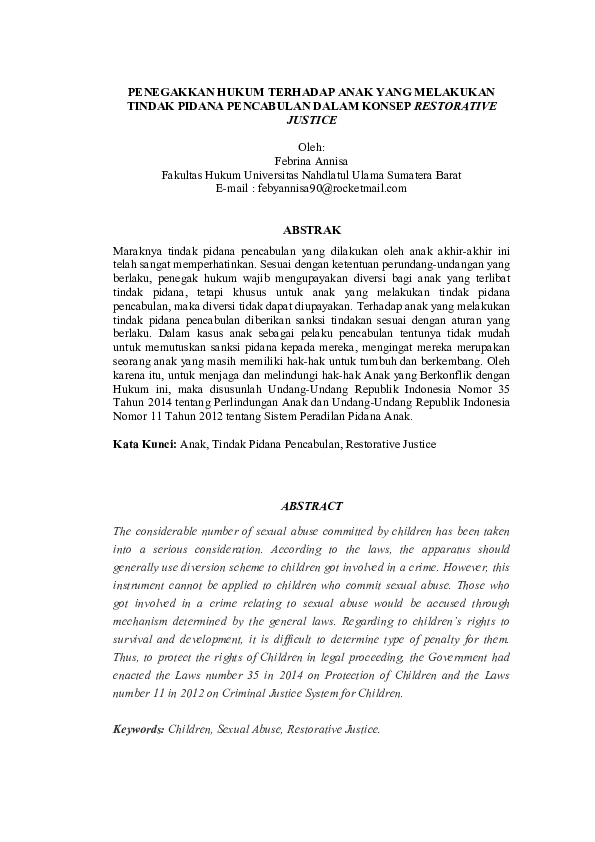 (PDF) Penegakkan Hukum Terhadap Anak Yang Melakukan Tindak Pidana Pencabulan Dalam Konsep ...