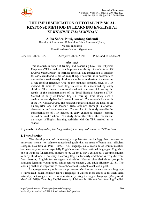(PDF) The Implementation of Total Physical Response Method in Learning English at TK Khairul ...