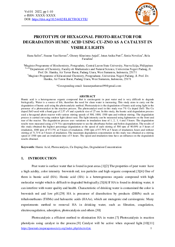 (PDF) Prototype of Hexagonal Photo-Reactor for Degradation Humic Acid ...
