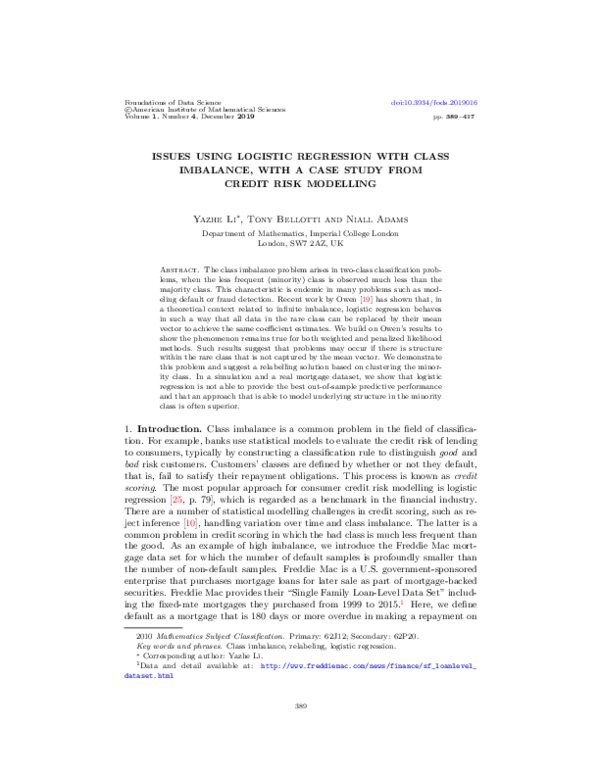 (PDF) Issues using logistic regression with class imbalance, with a case study from credit risk ...