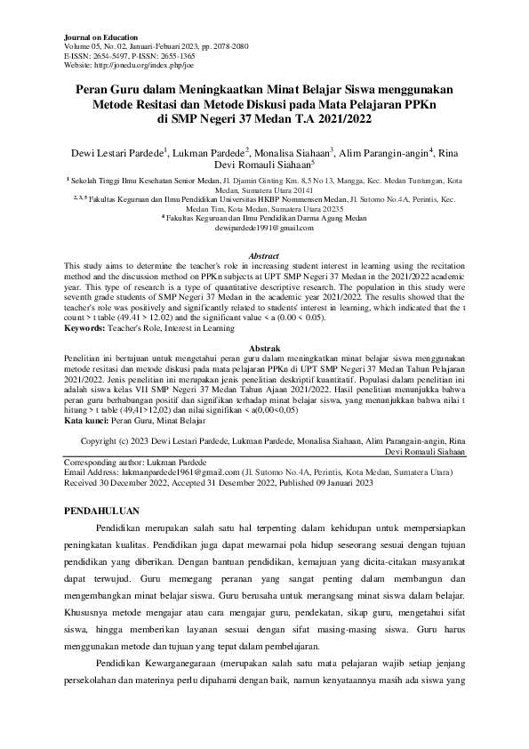 (PDF) Peran Guru dalam Meningkaatkan Minat Belajar Siswa menggunakan Metode Resitasi dan Metode ...
