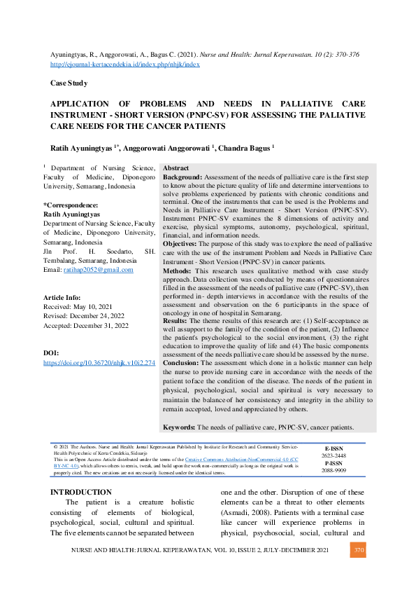 (PDF) Application Application Of Problems And Needs In Palliative Care ...