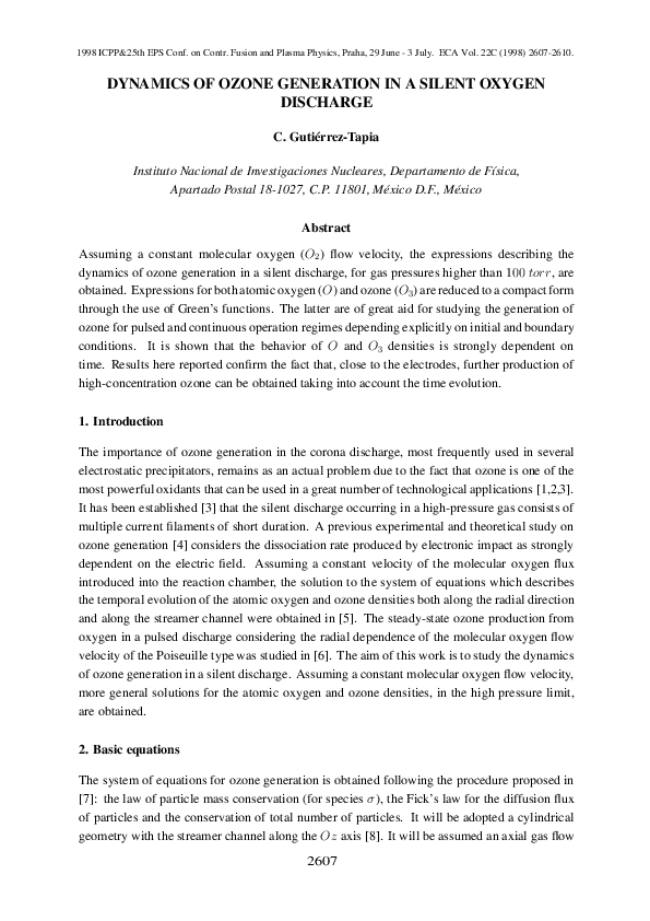 (PDF) Dynamics of ozone generation in a silent oxygen discharge