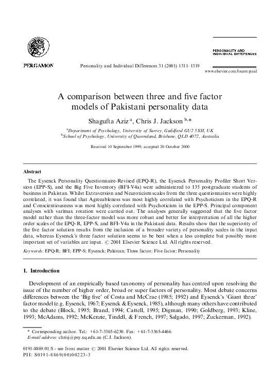 (PDF) A comparison between three and five factor models of Pakistani ...