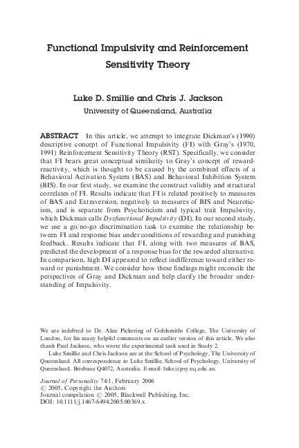 (PDF) Functional Impulsivity and Reinforcement Sensitivity Theory