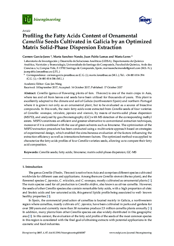 (PDF) Profiling the Fatty Acids Content of Ornamental Camellia Seeds Cultivated in Galicia by an ...
