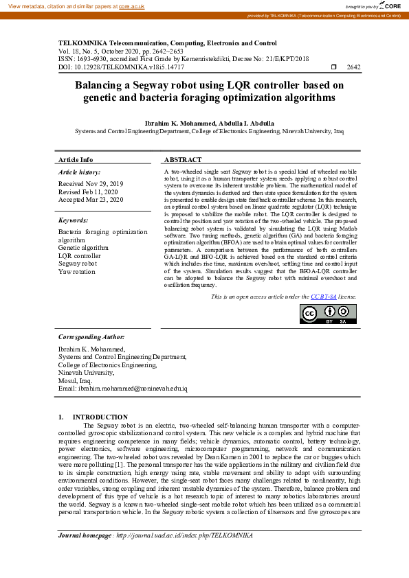 (PDF) Balancing a Segway robot using LQR controller based on genetic and bacteria foraging ...