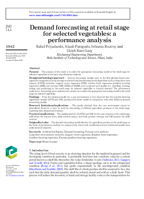 Pdf Demand Forecasting At Retail Stage For Selected Vegetables A