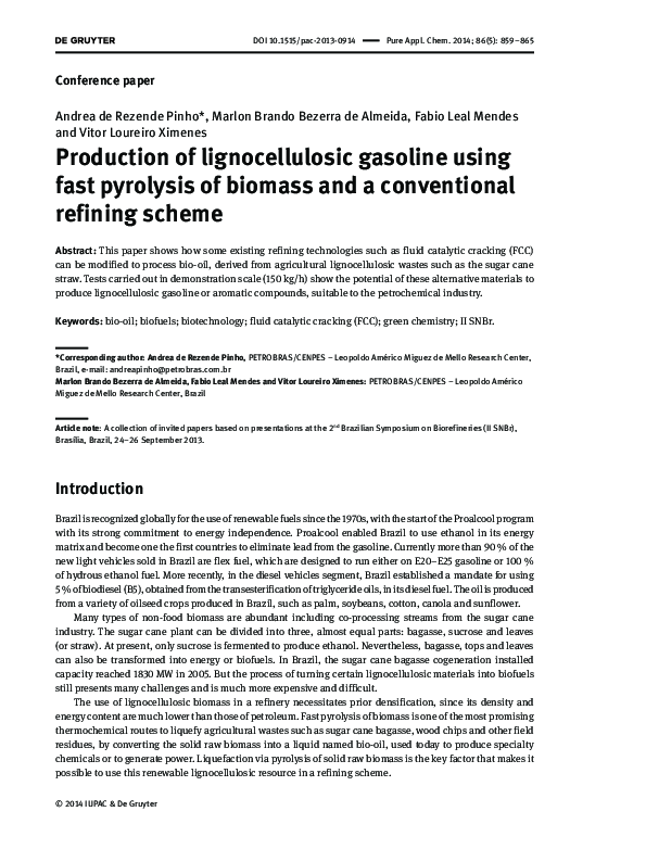 (PDF) Production of lignocellulosic gasoline using fast pyrolysis of biomass and a conventional ...
