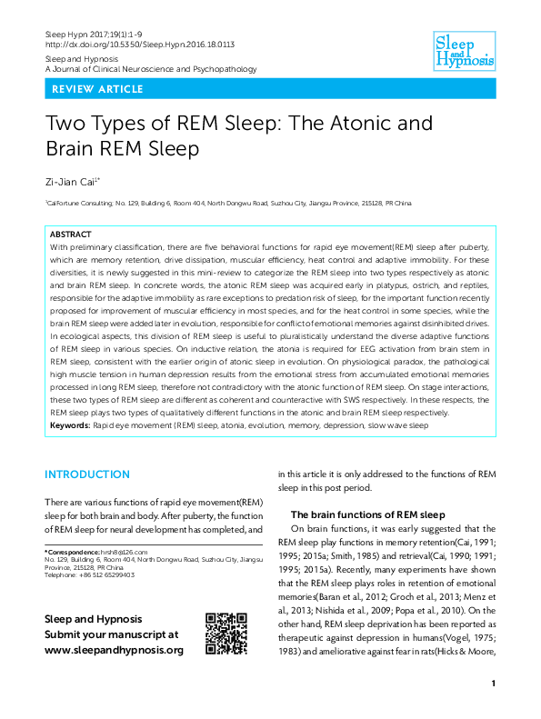 (PDF) Two Types of REM Sleep: The Atonic and Brain REM Sleep