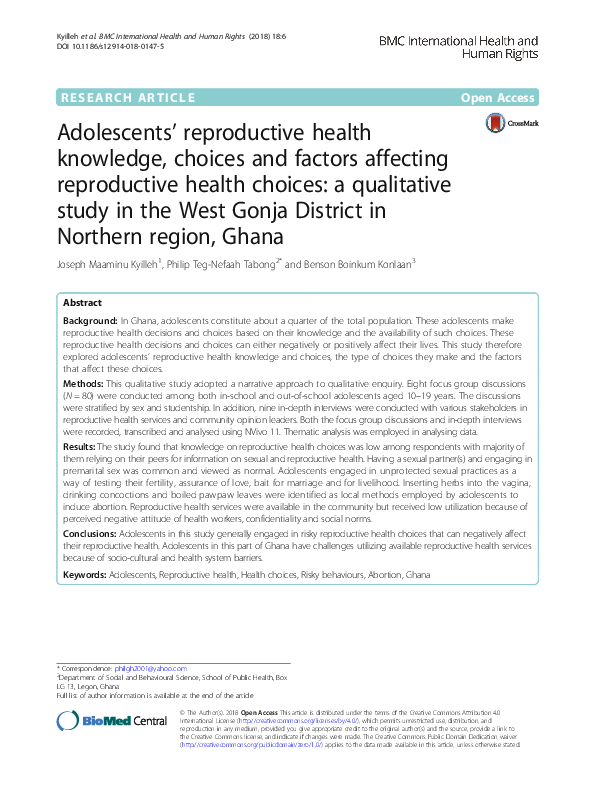 (PDF) Adolescents’ reproductive health knowledge, choices and factors ...