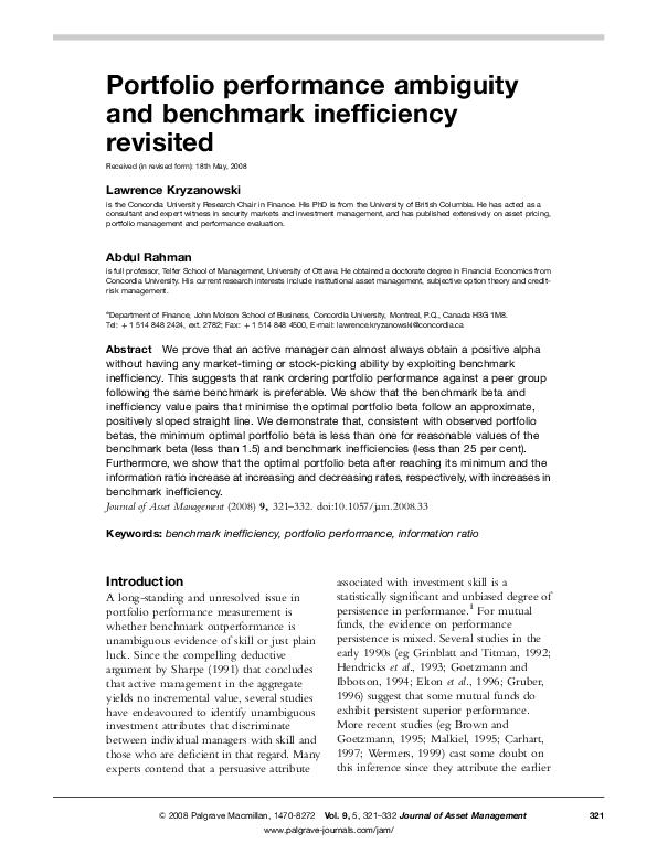 (PDF) Portfolio performance ambiguity and benchmark inefficiency revisited