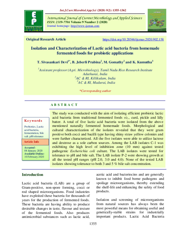 (PDF) Isolation and Characterization of Lactic acid bacteria from homemade fermented foods for ...