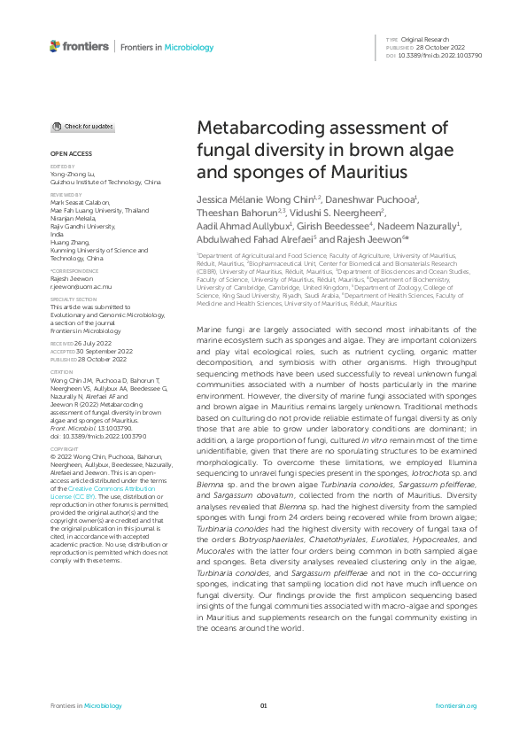 (PDF) Metabarcoding assessment of fungal diversity in brown algae and sponges of Mauritius