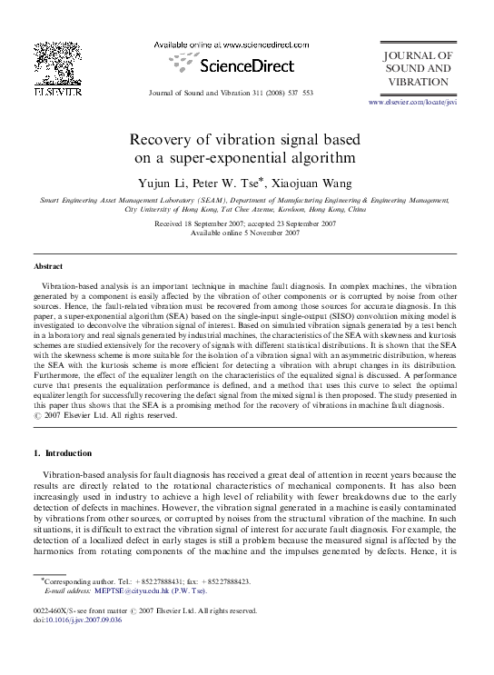Pdf Recovery Of Vibration Signal Based On A Super Exponential Algorithm