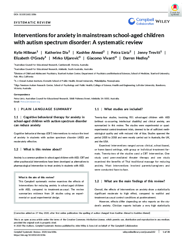 (PDF) Interventions for anxiety in mainstream school‐aged children with ...