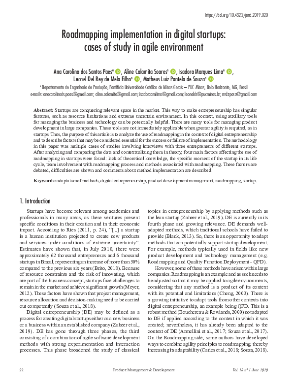 (PDF) Roadmapping implementation in digital startups: cases of study in agile environment