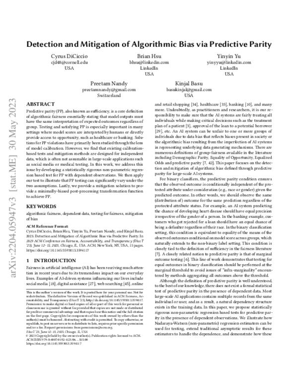 (PDF) Detection and Mitigation of Algorithmic Bias via Predictive Rate Parity
